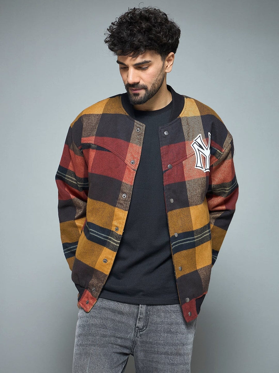 Red Checkered NY Monogram Flannel Bomber Jacket | Buy Men Jacket ...