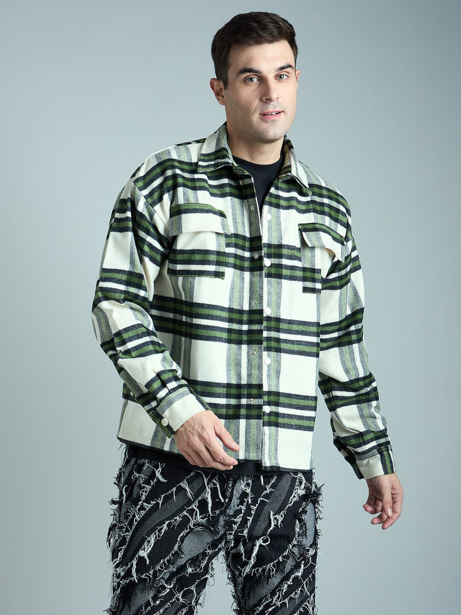 Off White & Olive Checkered Tweed OverShirt | Buy Men OverShirt ...