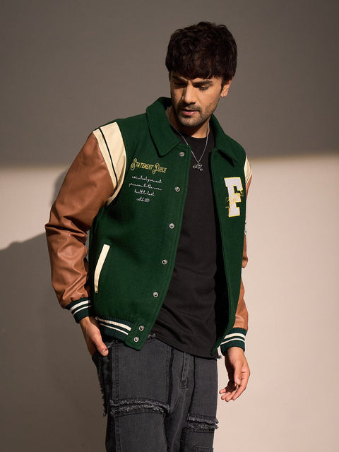 Green Statement Woollen Varsity Jacket | Buy Men Jacket | Fugazee – FUGAZEE