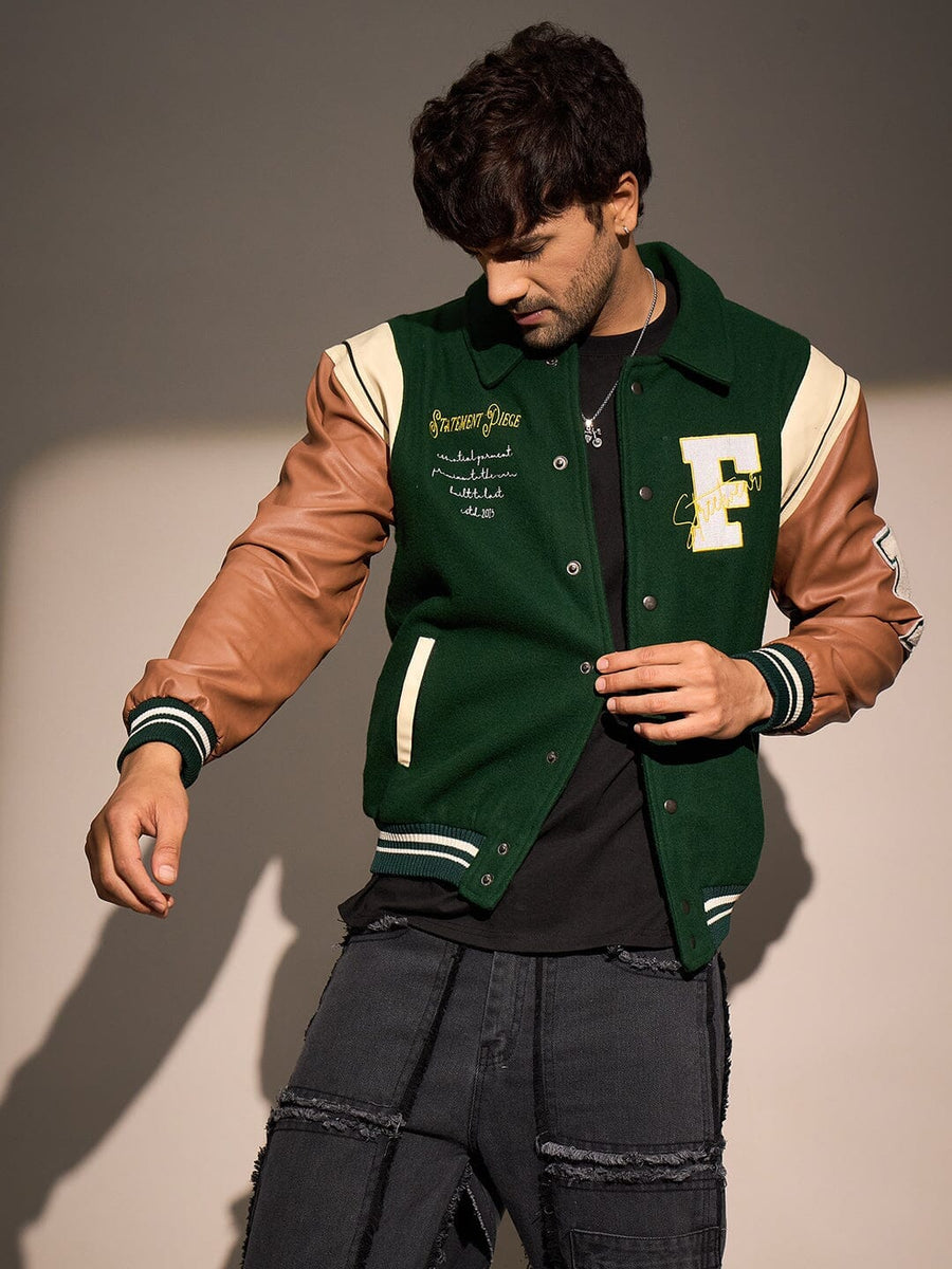 Green Statement Woollen Varsity Jacket | Buy Men Jacket | Fugazee – FUGAZEE
