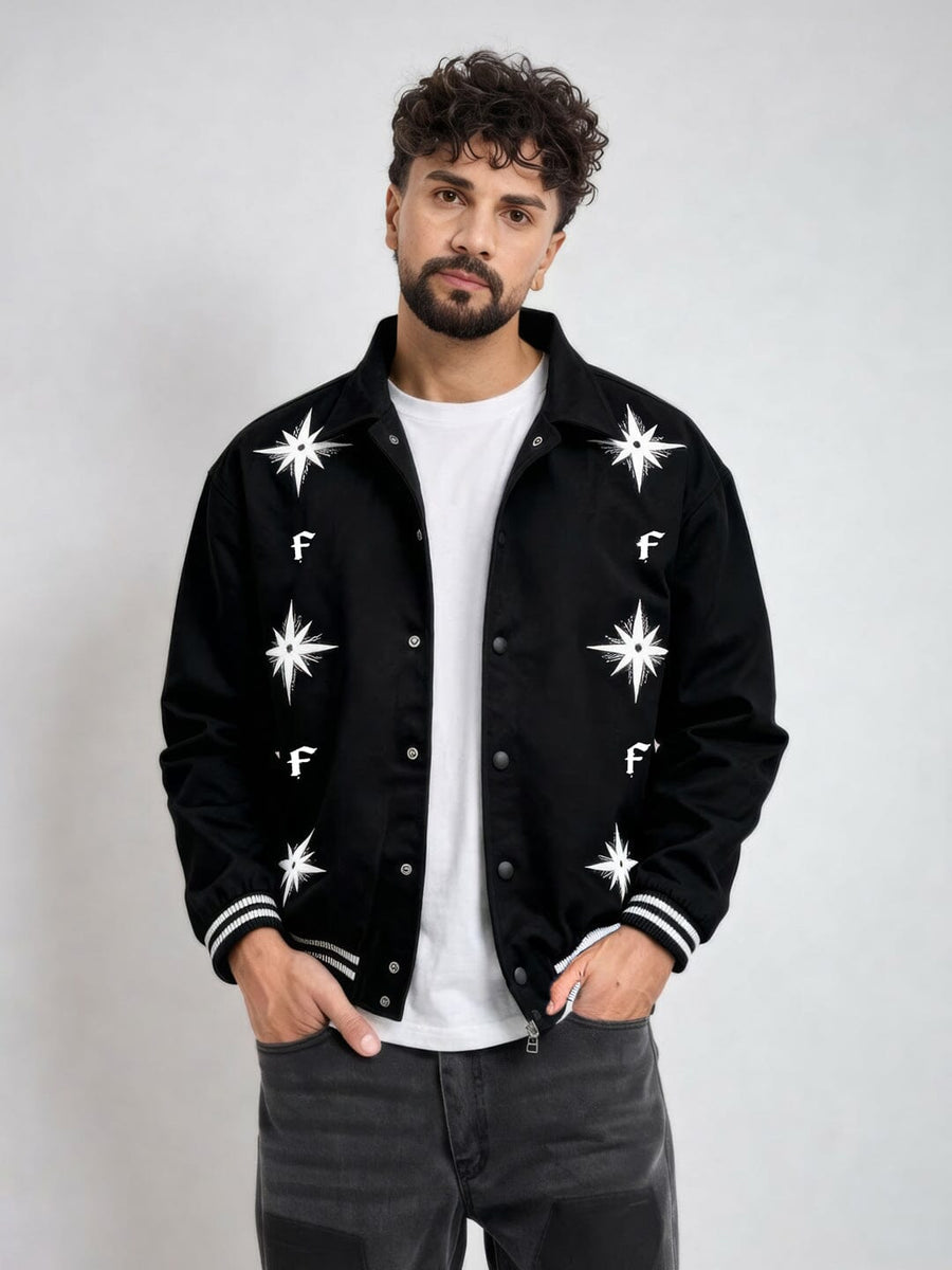 Black Twill Applique Bomber Jacket| Buy Men Jacket | Fugazee – FUGAZEE